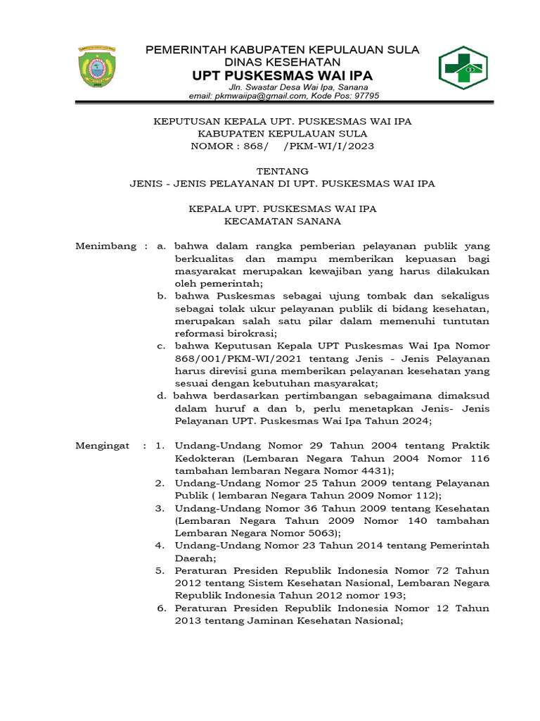SK Jenis-Jenis Pelayanan Di UPTD. Puskesmas Wai Ipa | PDF