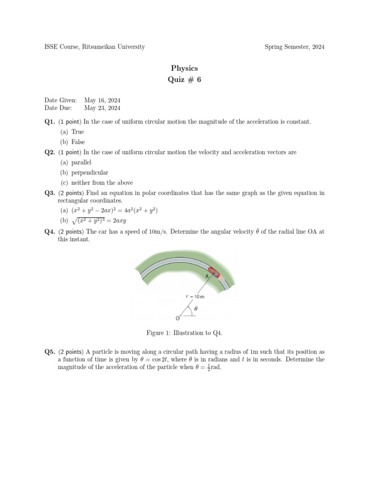 Physics Quiz 6: Circular Motion | PDF