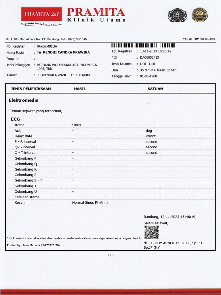Hasil Pemeriksaan ECG Tn. Rendhi Candra | PDF