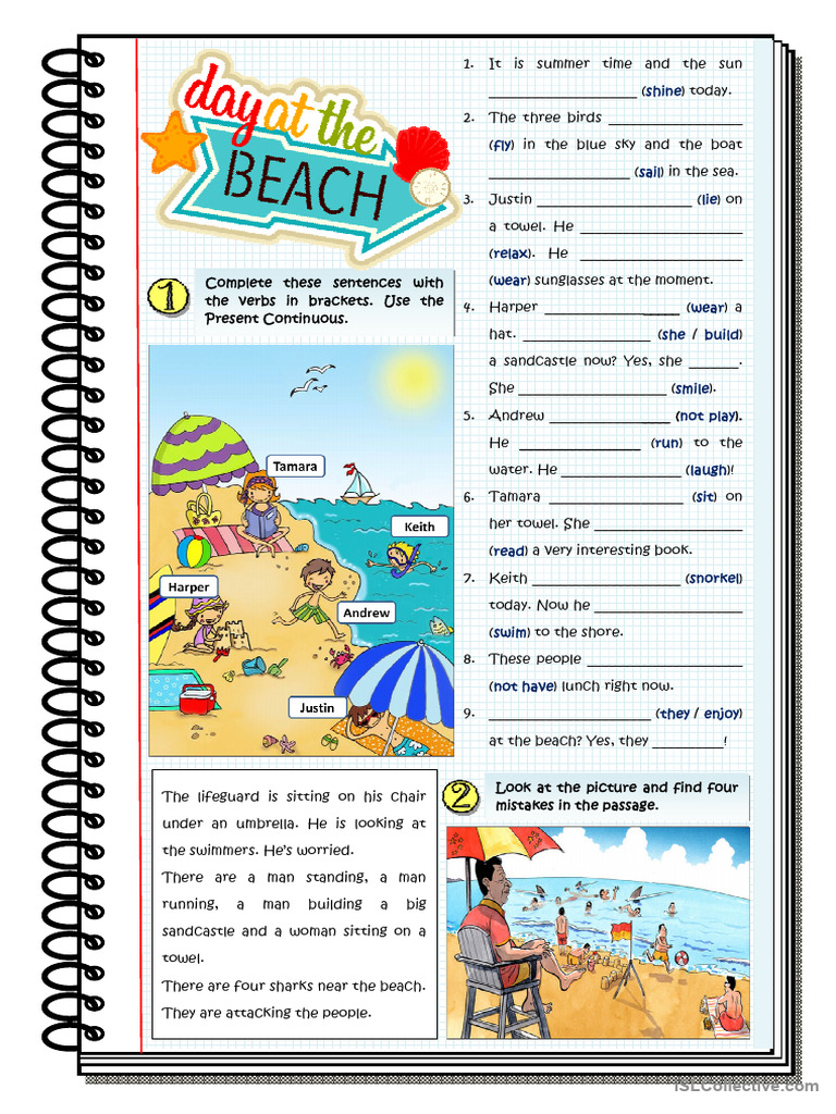 Present Continuous at the Beach Worksheet | PDF