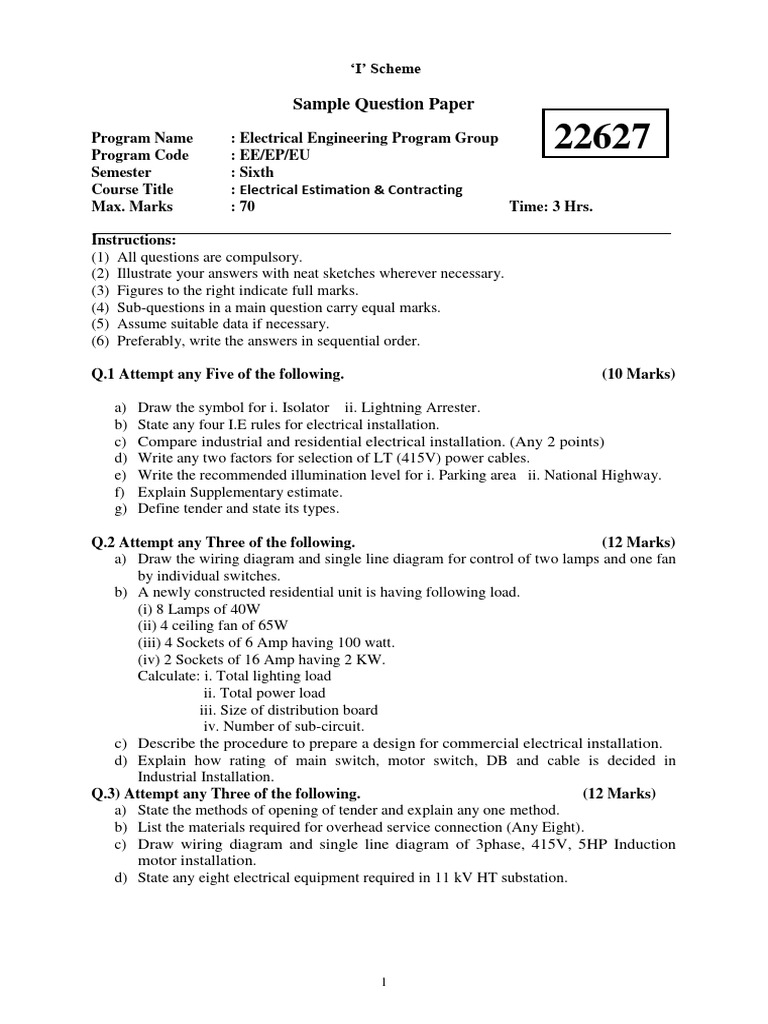 Sample Question Paper (Msbte Study Resources) | PDF | Electrical Wiring ...