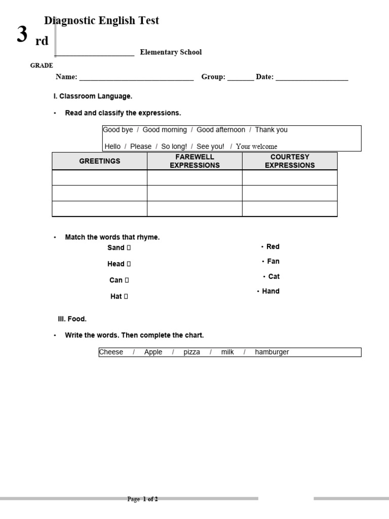 3rd Grade Diagnostic Test Imprimir | PDF