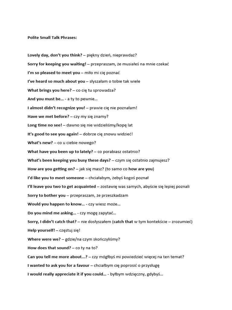 Polite Small Talk Phrases | PDF