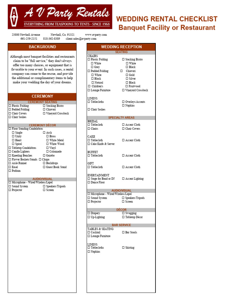 Wedding-Rentals-Checklist-Banquet-Hall-or-Restaurant | PDF