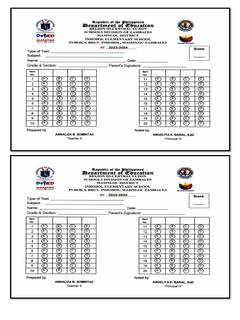 20 Items Test Sample Answer Sheet | PDF