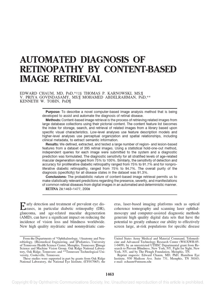 Automated Diagnosis of Retinopathy by Co | PDF | Retina | Image Segmentation