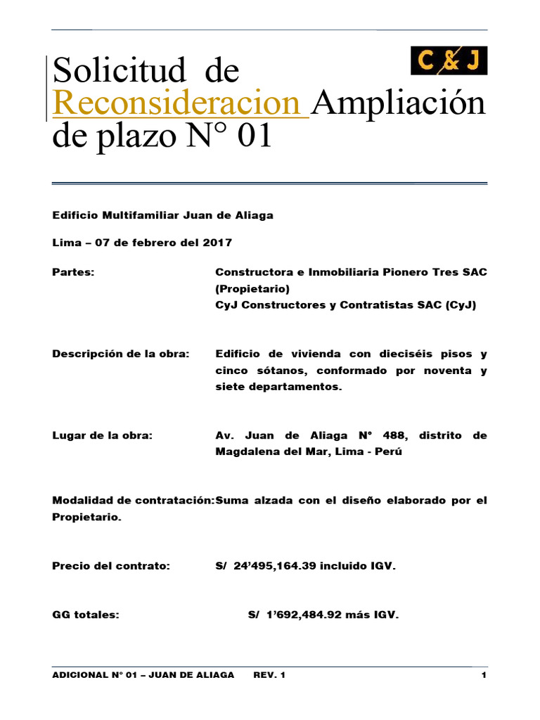 CyJ_Juan de Aliaga_Solicitud de Prestación Ampliacion de Plazo 1 Rev 03 | PDF | Presupuesto