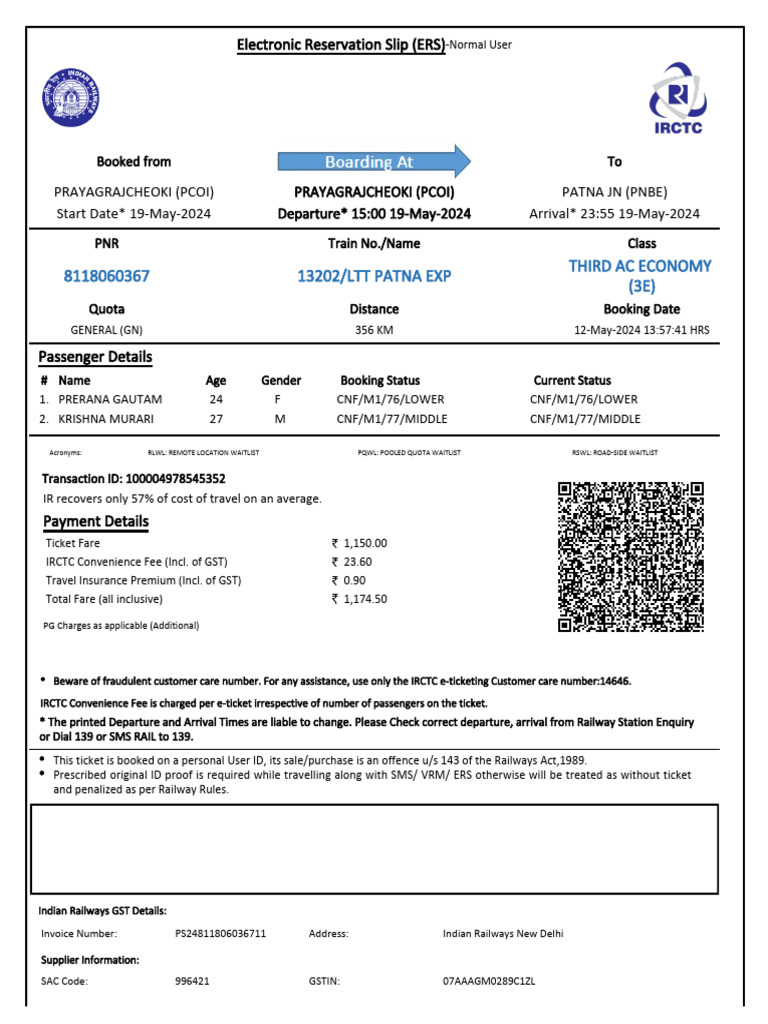 IRCTC Train Ticket: PCOI to PNBE 3E 19-May-2024 | PDF | Identity Document