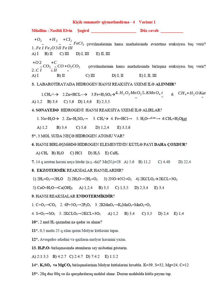 Kimya VII Sinif KSQ 5 Variant 1 | PDF