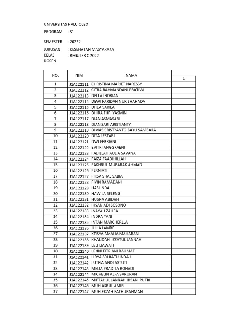 Absen Kelas Reguler C Ang. 22 | PDF