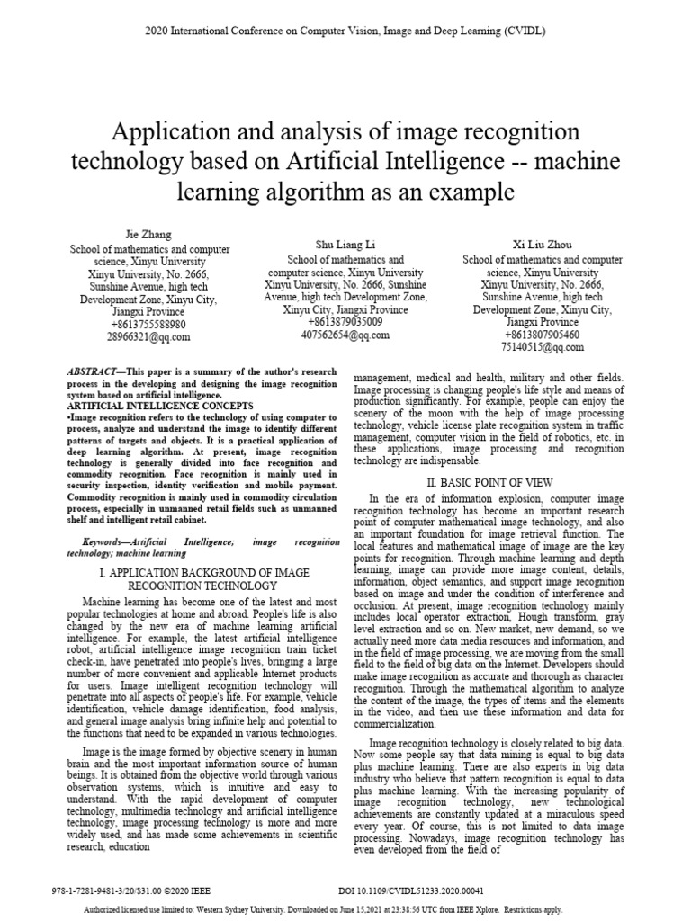 2020 - Application and Analysis of Image Recognition Technology Based ... 2020 - Application and Analysis of Image Recognition Technology Based ...