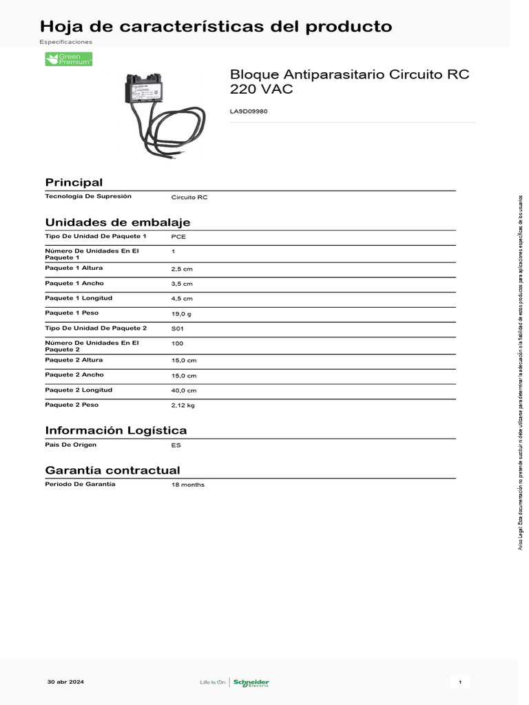 Schneider Electric TeSys D TeSys Deca Control Tallas 1 2 y 3 LA9D09980 ...