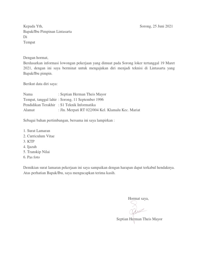 Surat Lamaran Kerja Septian Mayor | PDF | Teknologi & Rekayasa