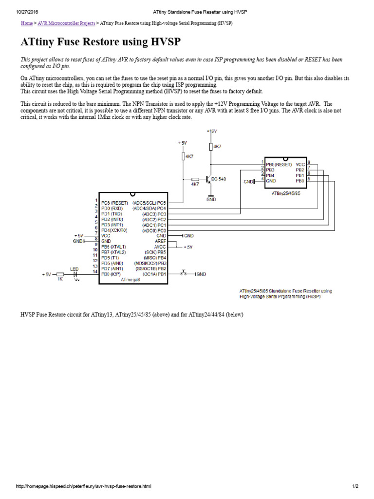 ATtiny Standalone Fuse Resetter Using HVSP | PDF | Electronic Circuits | Integrated Circuit