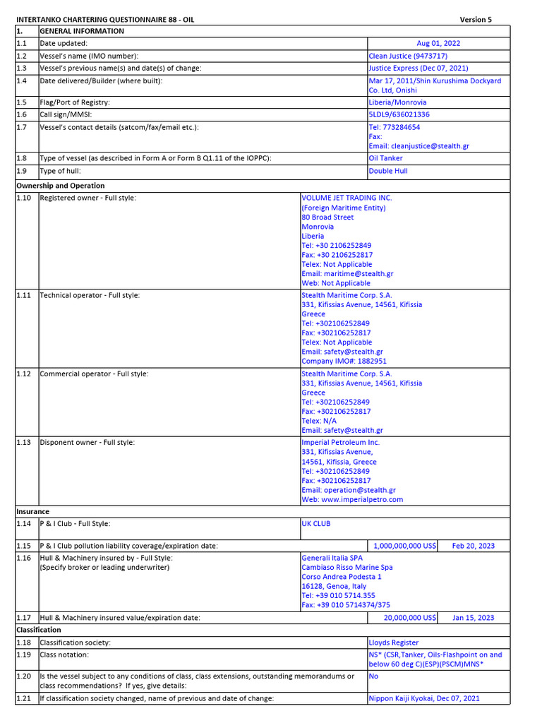 INTERCARGO Chartering Questionnaire 88 | PDF | Tonnage | Marine Propulsion
