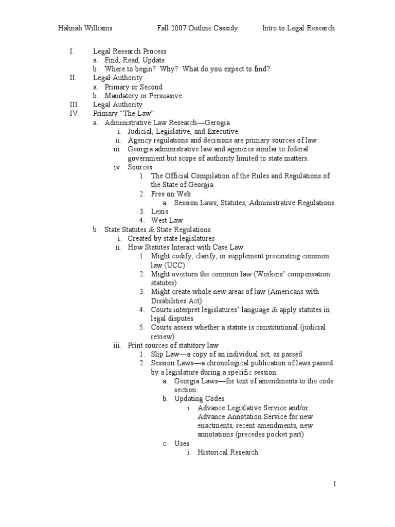 Legal Research Outline | United States Code | Codification (Law)