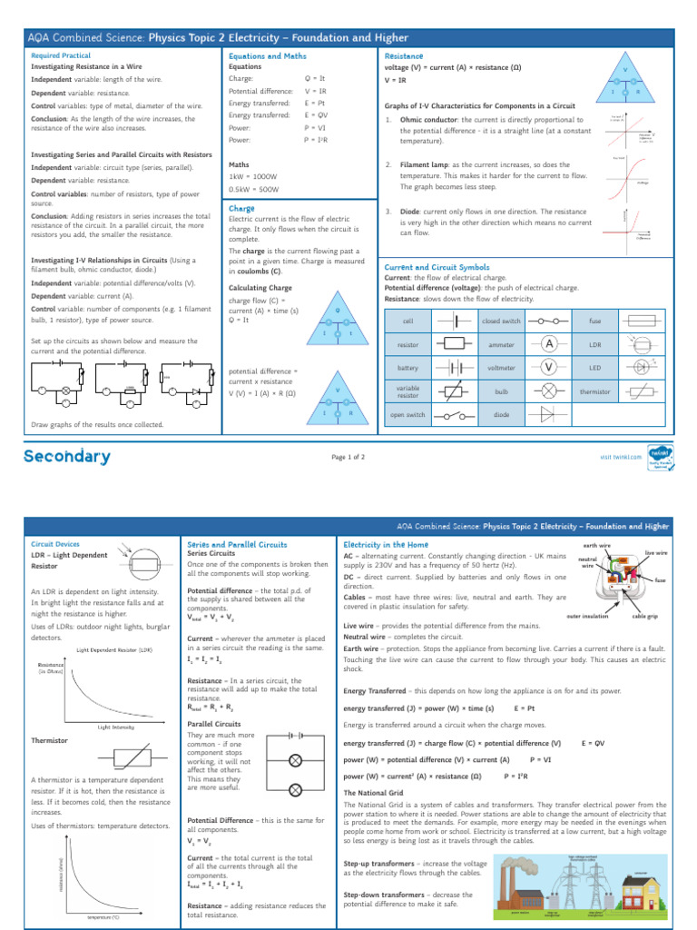 AQA Physics Topic 2 Electricity Knowledge Organiser | PDF | Electrical ...
