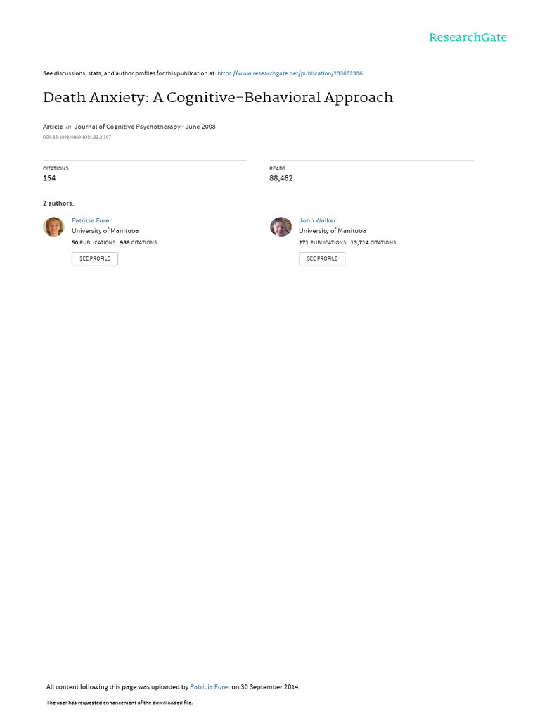 Furer Walker Deathanxiety 2008 Jof Cog Psychotherapy | PDF | Anxiety ...
