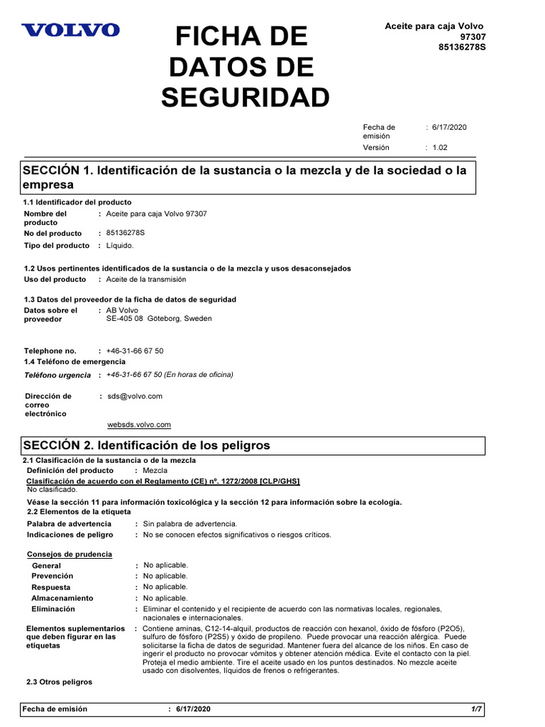 Id - 33542 30001 - Hoja de Seguridad Aceite Volvo 75w-80 - 85136278 ...