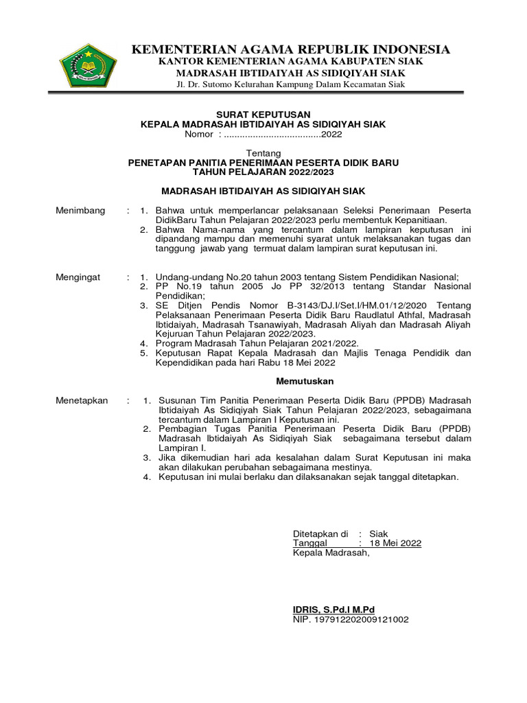 SK Panitia PPDB Madrasah 2022-2023 | PDF