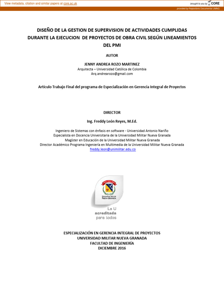 Diseño de La Gestion de Supervision de Actividades Cumplidas Durante La Ejecucion de Proyectos ...