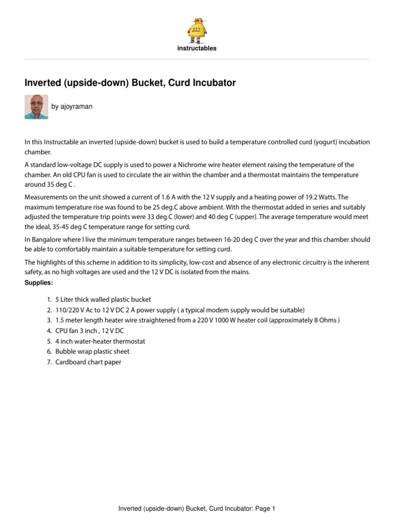 Inverted Upside Down Bucket Curd Incubator | PDF | Thermostat | Electrical Engineering