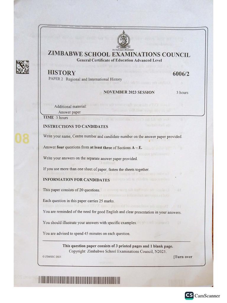 2023 Zimsec History A Level P2 | PDF