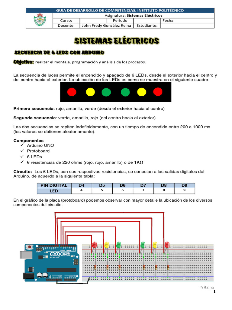 Guia de Secuencia de 6 Leds Ciclo For | PDF | Diodo emisor de luz | Arduino