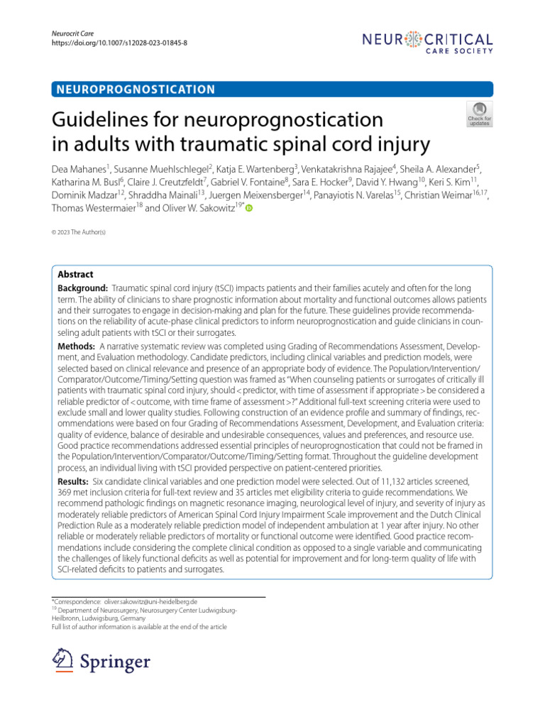 Guidelines For Neuroprognostication in Adults With Traumatic Spinal ...