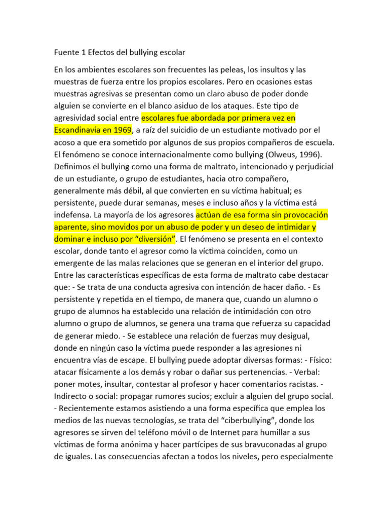 Fuente 1 Efectos del bullying escolar | PDF | Violencia | Agresión
