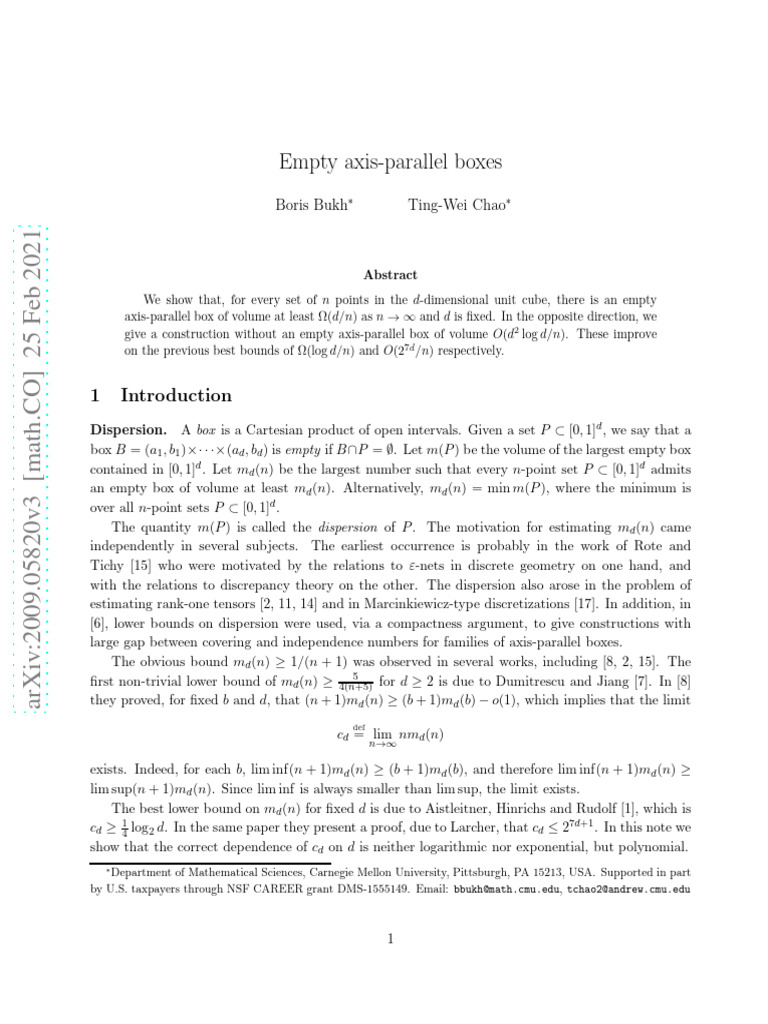 Empty Axis-Parallel Boxes: Boris Bukh Ting-Wei Chao | PDF | Empty Set | Logarithm