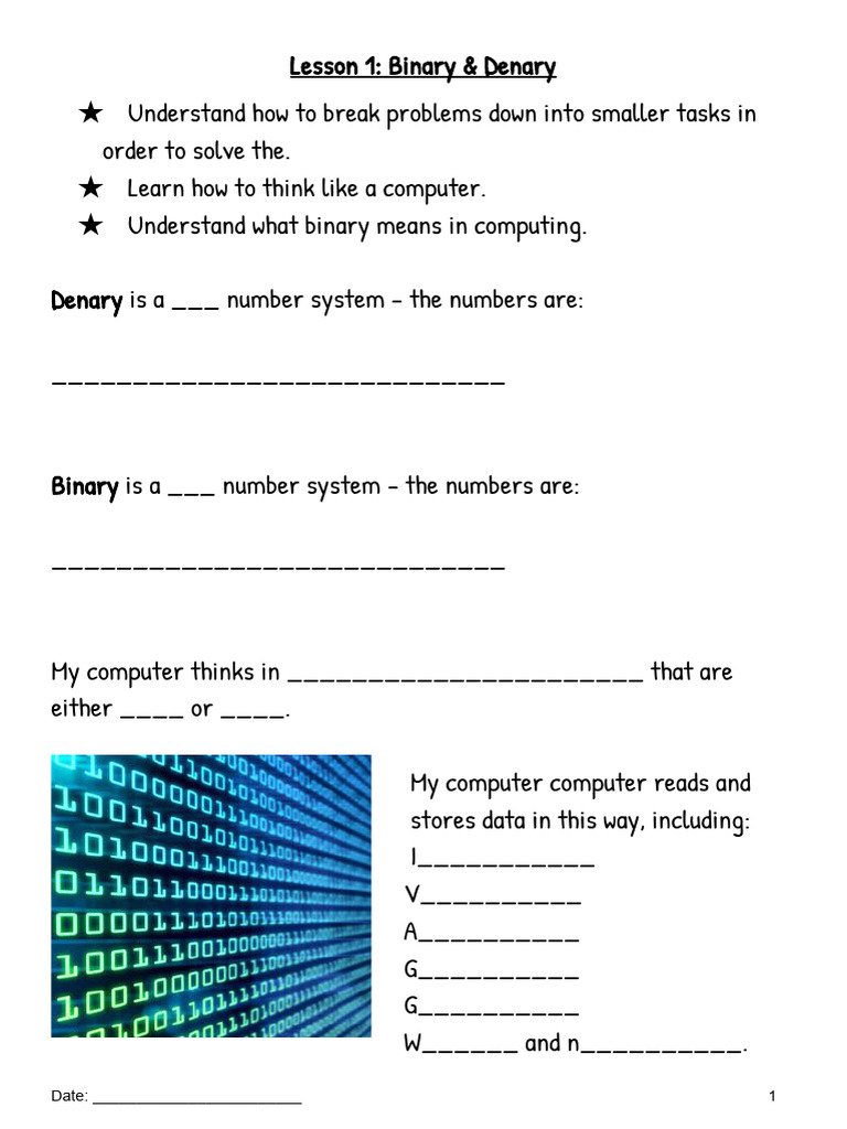 Binary Lesson Worksheets | PDF | Decimal | Bit