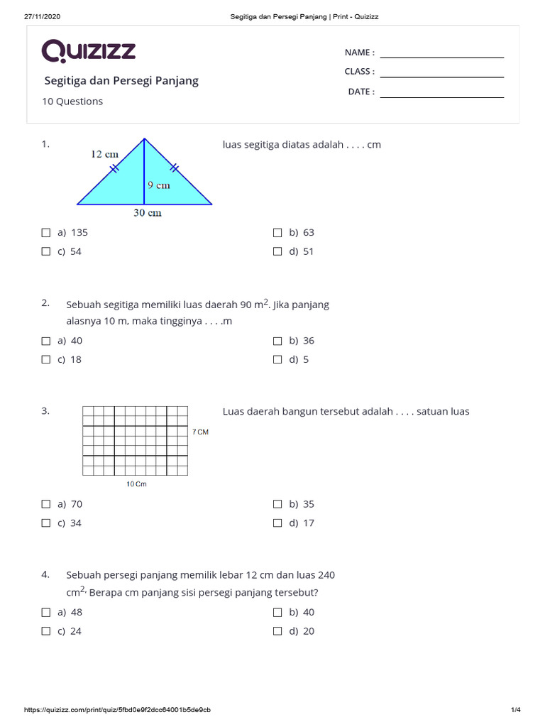 Segitiga Dan Persegi Panjang - Print - Quizizz | PDF