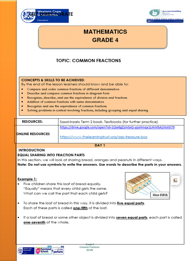 Grade 4 Mathematics Lessons - Common Fractions - 2021 | PDF | Foods