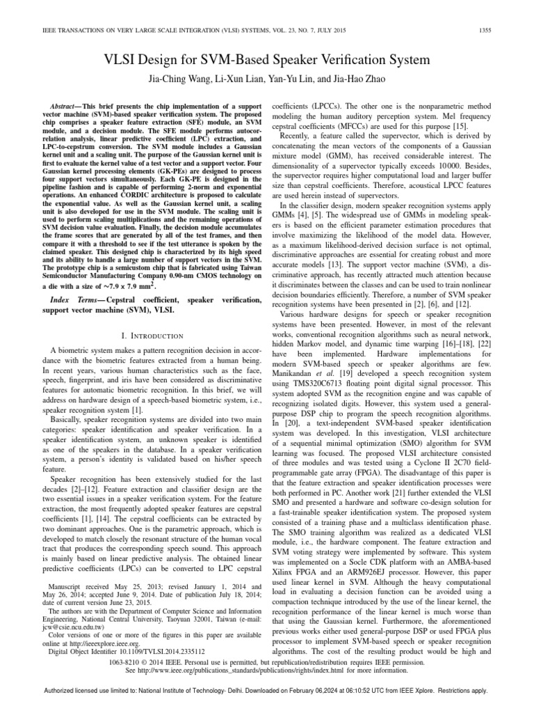 VLSI Design For SVM-Based Speaker Verification System | PDF | Support Vector Machine | Vector Space
