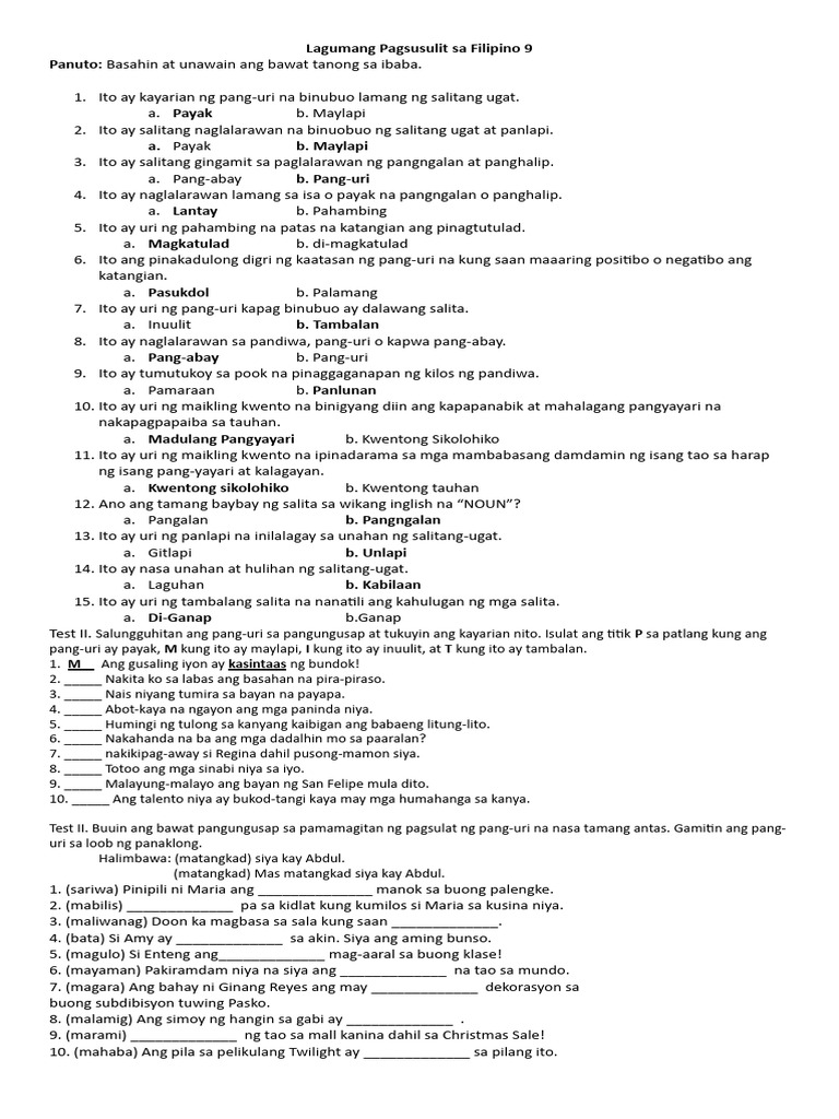 Lagumang Pagsusulit Sa Filipino 9 Q3 | PDF