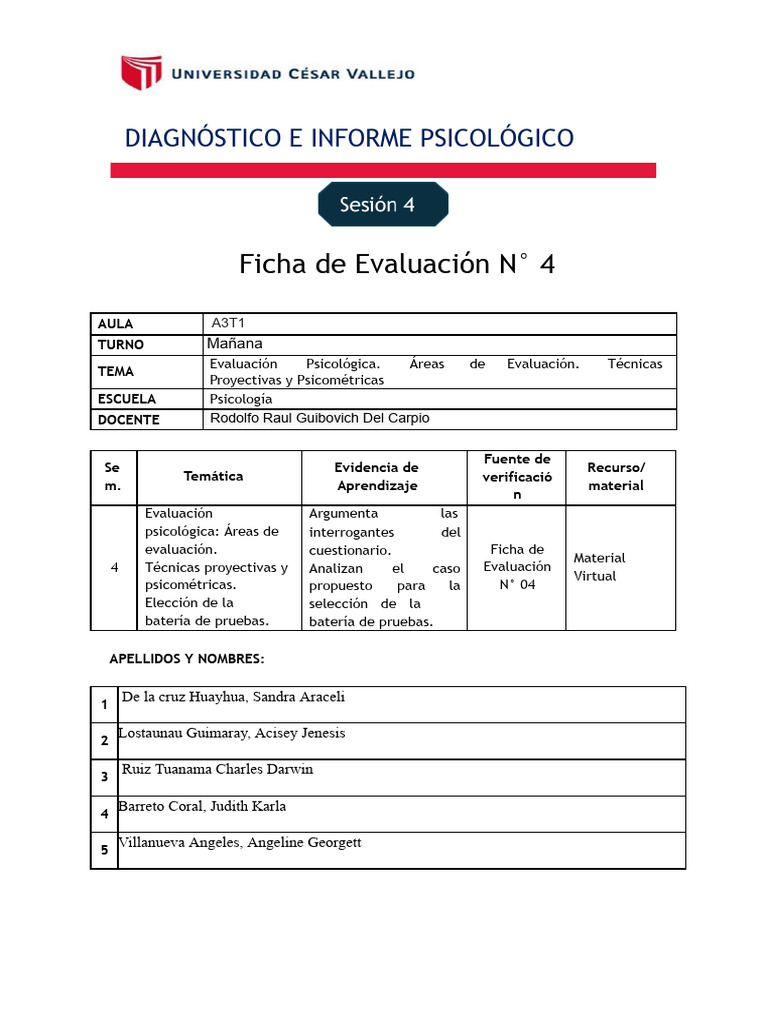 Ficha de Evaluación - Diag-Info - Sesión 4 - 2024-1 - Tagged | Descargar gratis PDF | Ansiedad ...