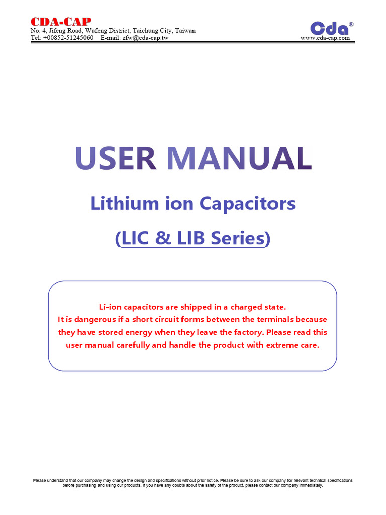 Lithium Ion Capacitor Users Manual | PDF | Lithium Ion Battery ...