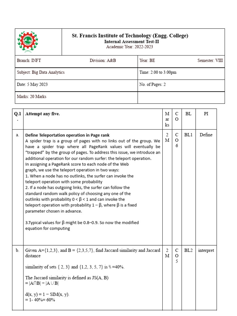 2023 April IAT II BE INFT SEM VIII BDA | PDF | Theoretical Computer ...