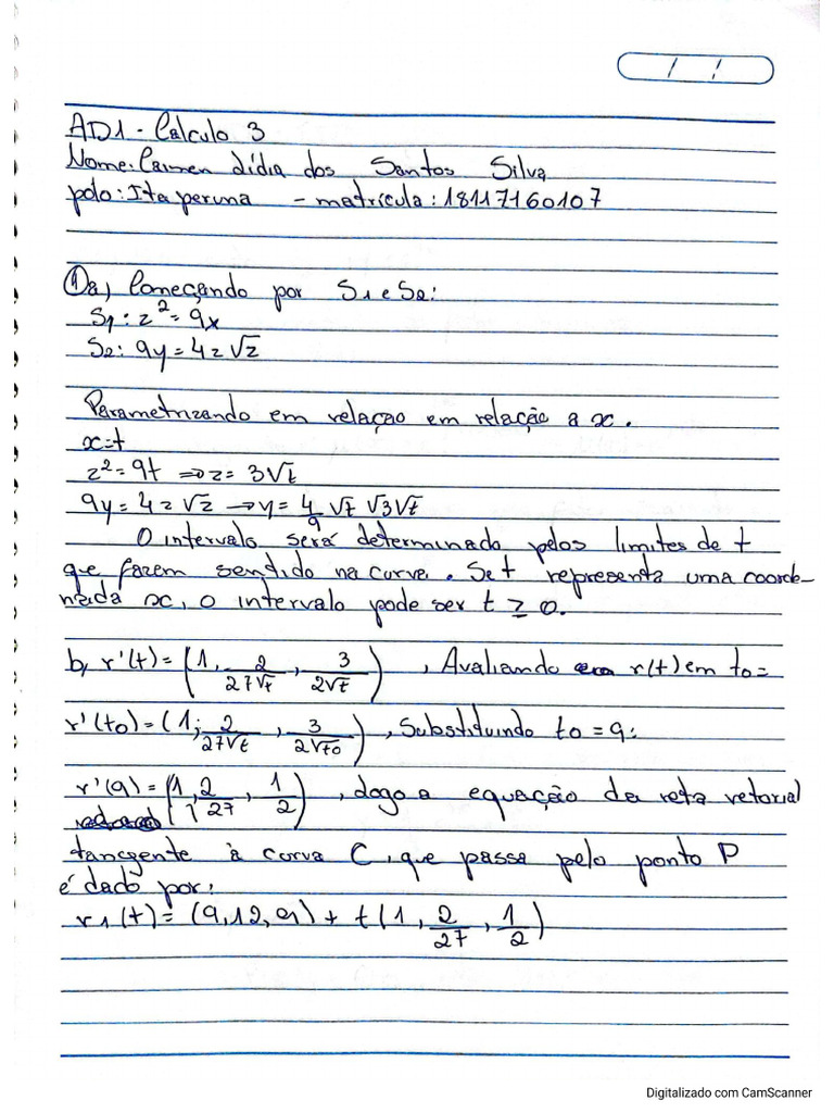 Ad1 Cálculo 3 Carmen Silva 18117160107 | PDF