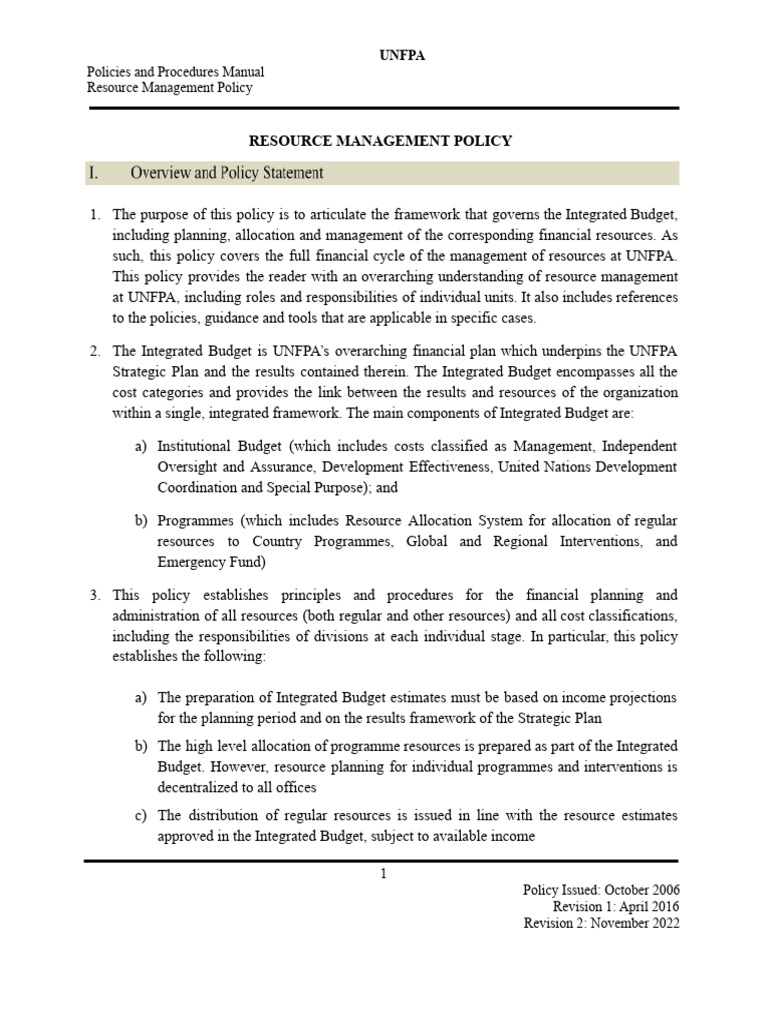 UNFPA Resource Management Policy Guide | PDF | Budget | Policy