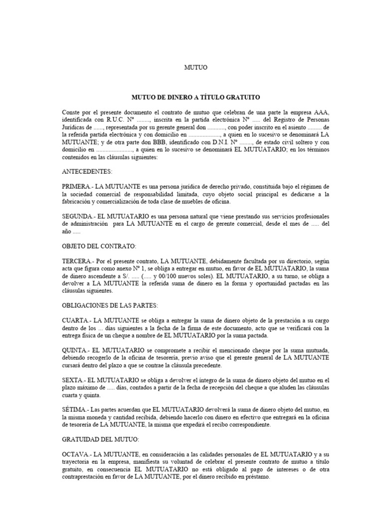 Contrato de Mutuo: Gratuito y Oneroso | PDF | Derecho privado | Derecho ...