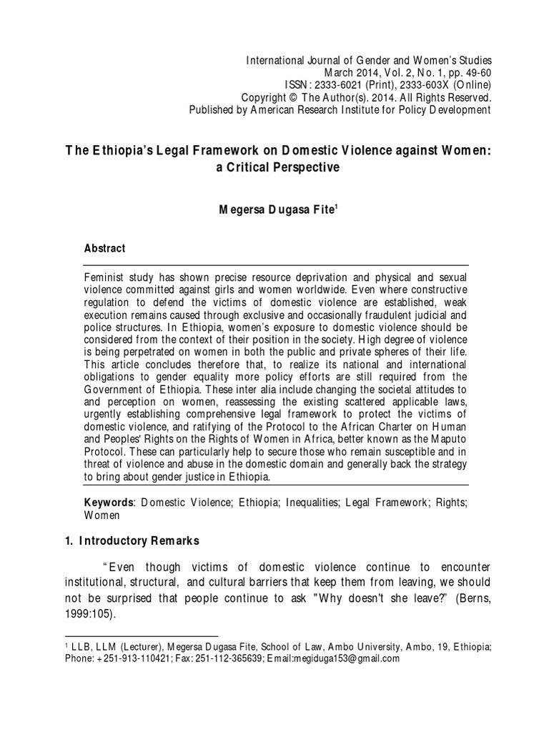 The Ethiopia's Legal Framework On Domestic Violence Against Women: A ...