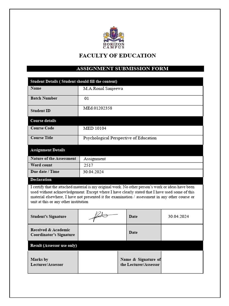 Assignment Submission Form for MED 10104 | PDF