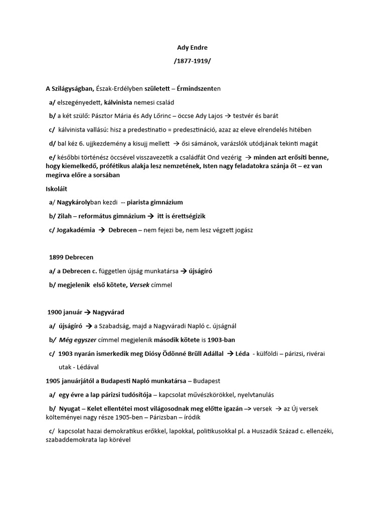 Ady Endre Életrajz És Pályakép | PDF