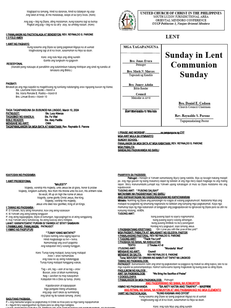 Sunday in Lent Communion Sunday: United Church of Christ in The ...