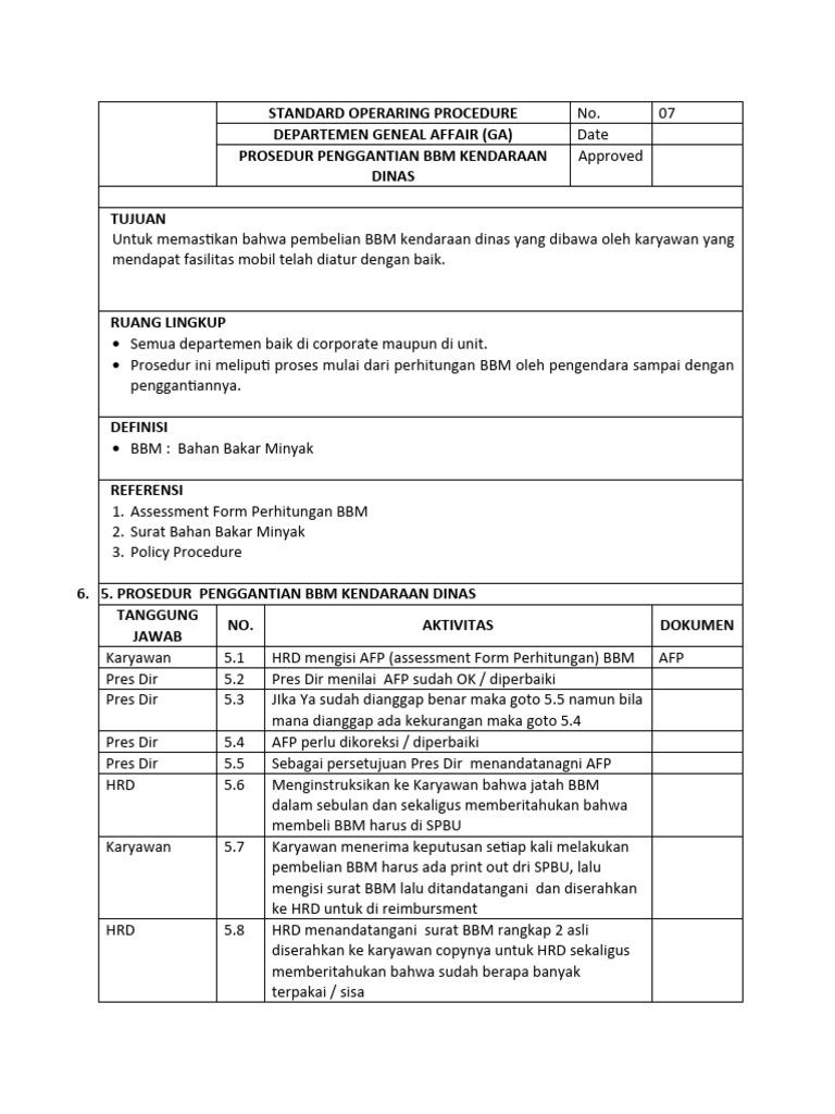 SOP Penggantian BBM Kendaraan Dinas | PDF