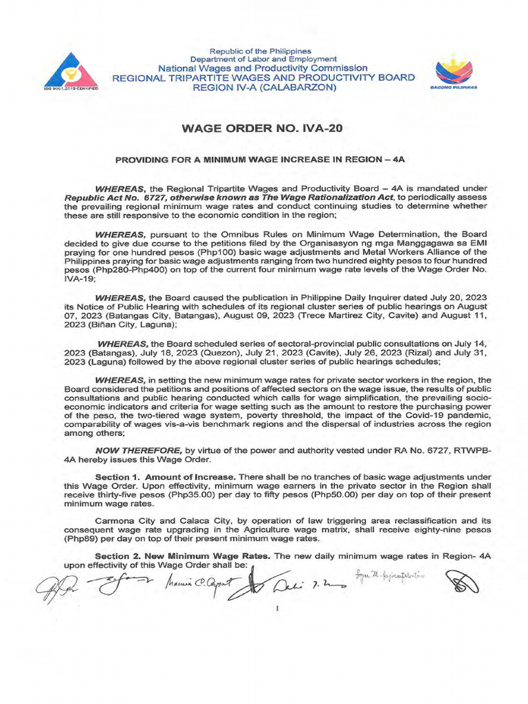 Wage Order No. IVA 20 | PDF | Wage | Minimum Wage