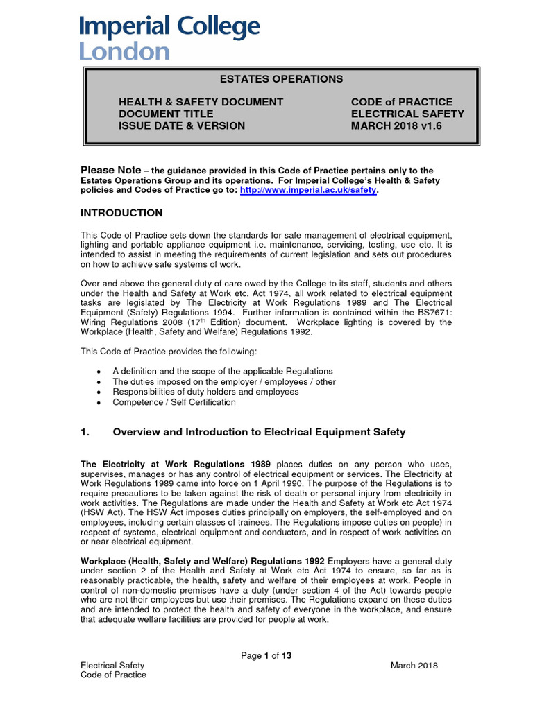 Electrical Safety Code of Practice | PDF | Occupational Safety And ...