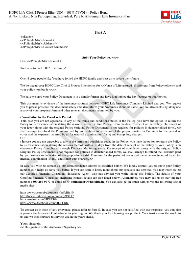 HDFC Life Click 2 Protect Elite Appendix 9 Policy Bond | PDF ...